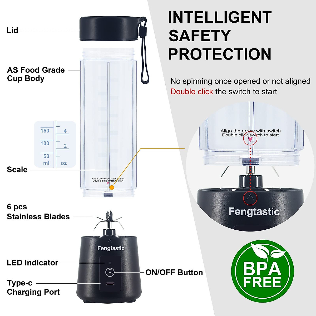 Portable Blender for Shakes and Smoothies, 13.5 Oz Personal Blender USB Rechargeable Small Smoothie Blender (Black)