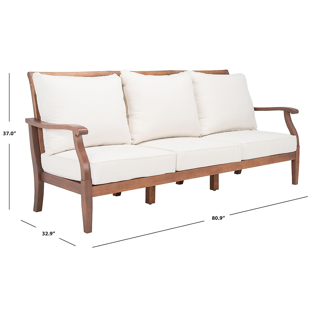 SAFAVIEH Couture Home Collection Payden Natural Wood/Beige Cushion 3-Seat Outdoor Patio Sunroom Porch Backyard Veranda Sofa