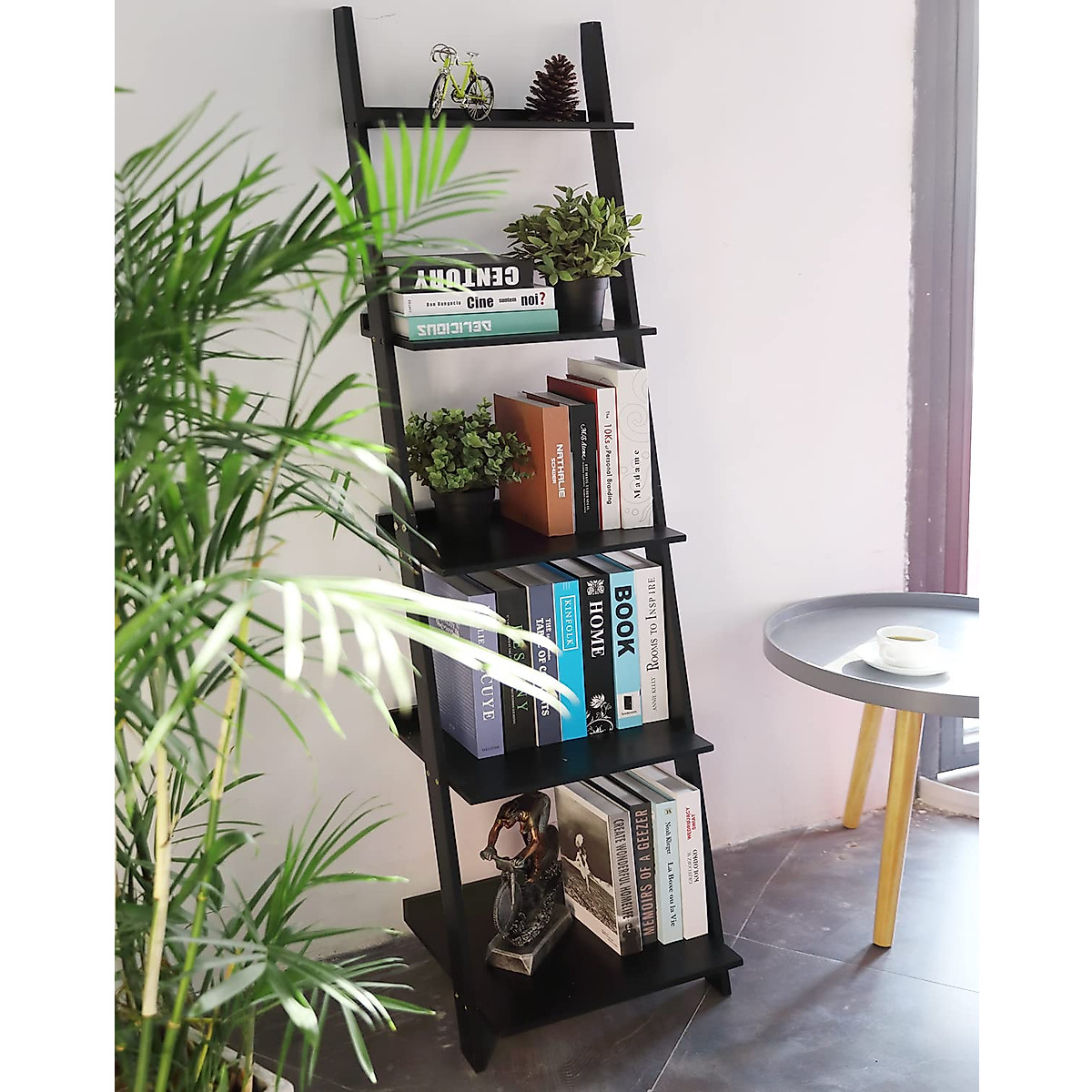 HYNAWIN Ladder Shelf 5 Tier Bookcase, Multipurpose Plant Flower Stand Bookshelf Storage Rack Shelves, Wood Look Accent Bamboo Frame Modern Furniture Home Office (Black)