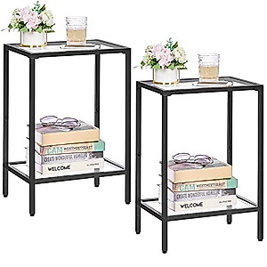 HOMSHO Side Tables Set of 2, End Tables with Tempered Glass, 2-Tier Nightstands with Storage Shelves, Slim Sofa Table for Living Room, Bedroom (2, Black)