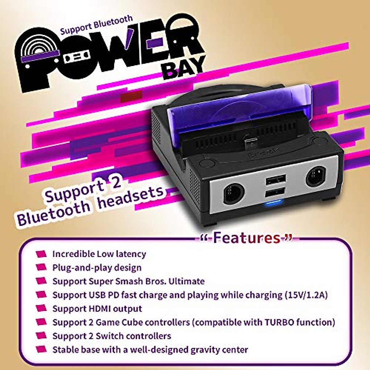 Brook Power Bay - Portable and Fast Charging Dock Stand, Docking Station for Nintendo Switch, Compatible with Switch and GameCube Controllers, Support HDMI Out Put and Two Bluetooth Headsets