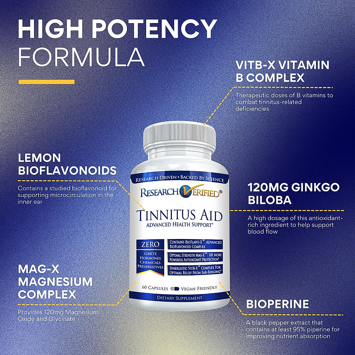 Research Verified Tinnitus Aid - Lessen Internal Ringing - Ginkgo Biloba, Vitamin C, Full Spectrum B Complex Blend, Magnesium - 60 Capsules - Vegan - Made in The USA