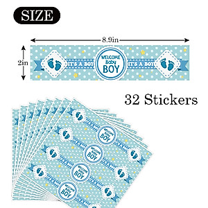 MonMon & Craft Welcome Baby Boy Water Bottle Stickers/Gender Reveal Bottle Wrappers/It's a Boy Water Labels Supplies/Baby Shower Decorations Blue (Set of 32)
