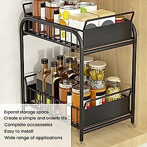 Oumefar Under Sink Organizer  , Anti Rust Pull Out Mesh Basket Stable 2 Tier Stackable Multi Use with Sliding Drawer for Kitchen