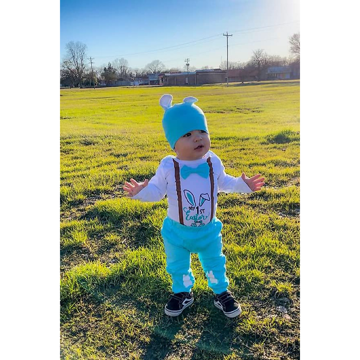 MINIFEIKO My First Easter Outfit Preemie Newborn Infant Baby Boy Long Sleeve Bow Tie Romper Bunny Pants Sets with Hat 1st Easter Day Bodysuit (White, 12 Months)