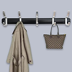 NOZVYCI Wall Mounted Coat Rack Hook with 5 Sliding Hooks Movable Coat Hooks Rack Double Hooks 30kg Load Capacity Stainless Steel Hooks Rail for Hanging Jacket,Backpack,Clothes(Matte Black+Silver)