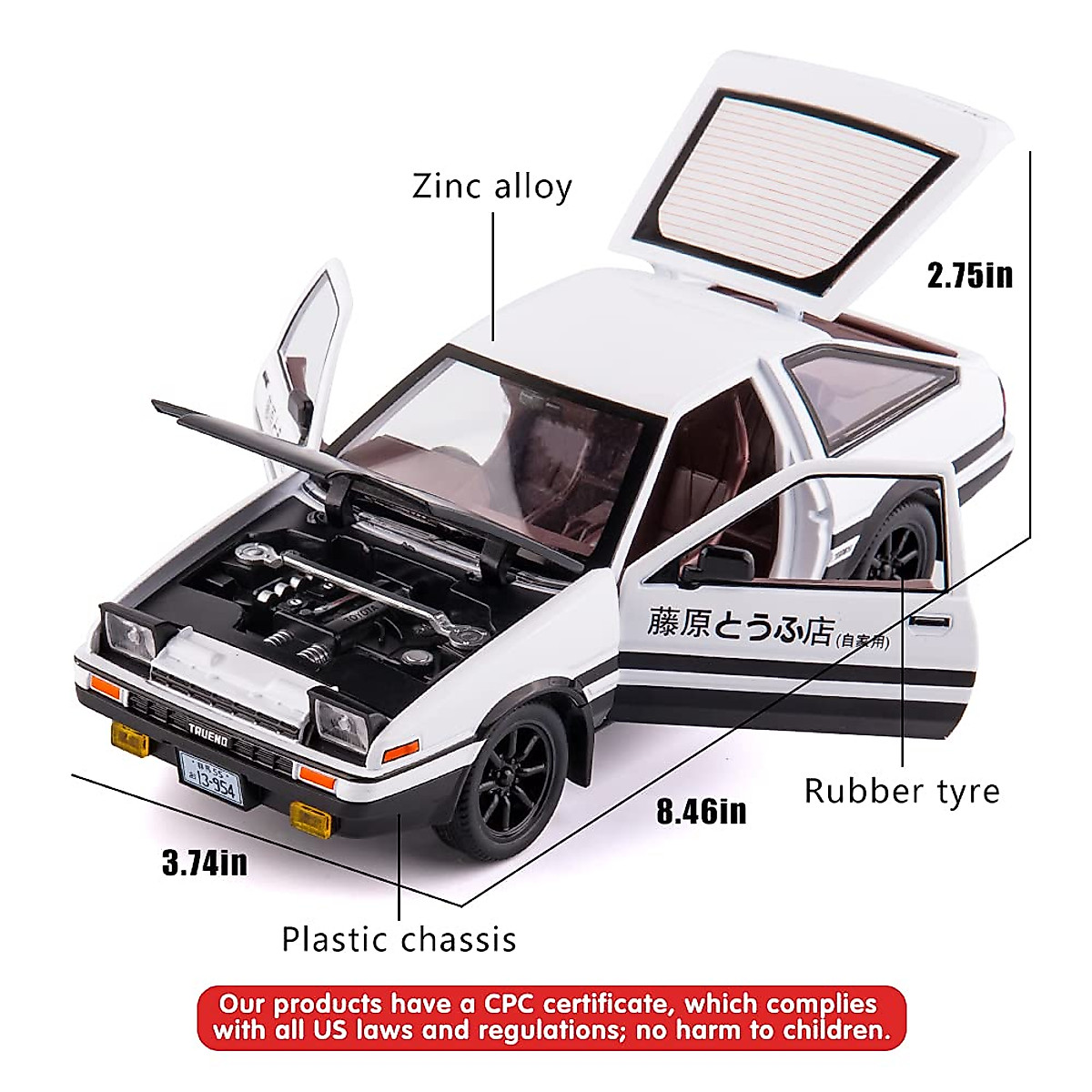 BDTCTK 1/24 AE86 Initial D Model Car Big Toy Car, Zinc Alloy Pull Back Toy Car with Sound and Light for Kids Boy Girl Gift (Black)
