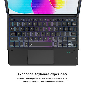 For iPad 10th Generation Case with Keyboard (10.9", 2022) - 3-Zone 7 Color Backlit Detachable Trackpad Tablet Keyboard Cover - iPad 10th 10.9 inch Touchpad Keyboard Case with Pencil Holder Black