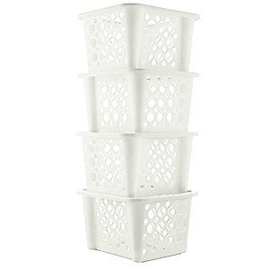 Organize Your Home Small Stackable White Storage Containers with Open Tops, 4 Pack, Great Organizing Bins for Kitchen Pantry, Closet, Bedroom, and Bathroom Storage, 10” x 8.9” x 6.1”