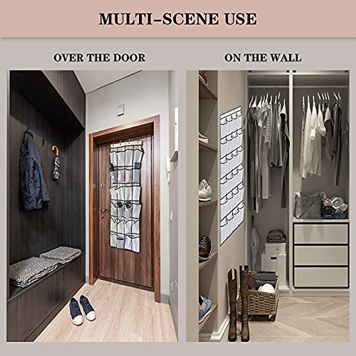 JOYUETLAN Over the Door Shoes Organizers, 24 Large Mesh Pockets& 2 Kinds of Hooks, Versatile Usage Shoe Hanger for Home Dormitory Closet Door (White)