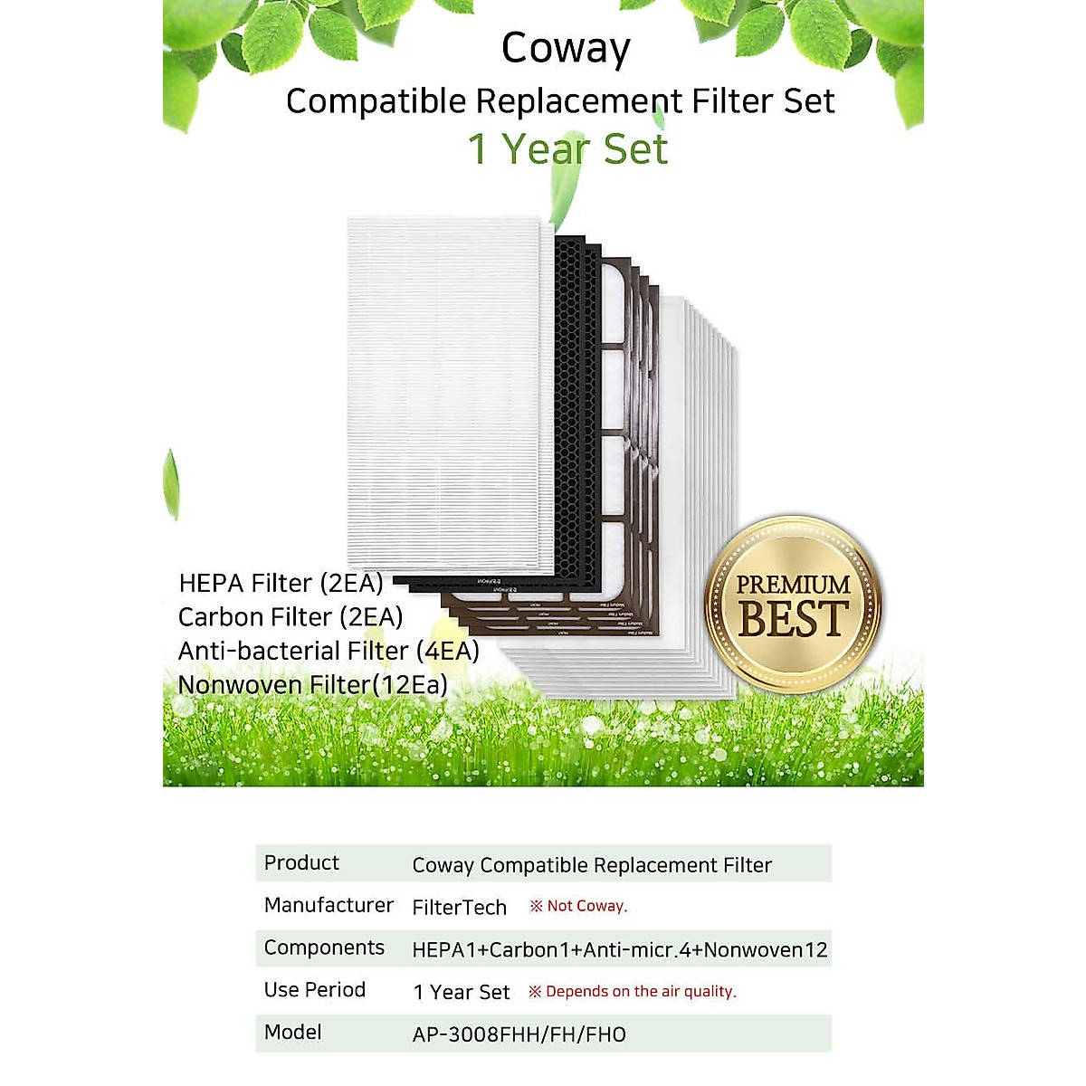 Coway AP-3008FHH/FH/FHO Air Purifier Filter Compatible Replacement 1 Year Set