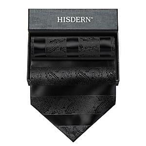 HISDERN Men's Cravats Black Ascot Ties for Men Paisley and Pocket Square Set Woven Classic Floral Ascot Scarf for Men Handkerchief Wedding Party