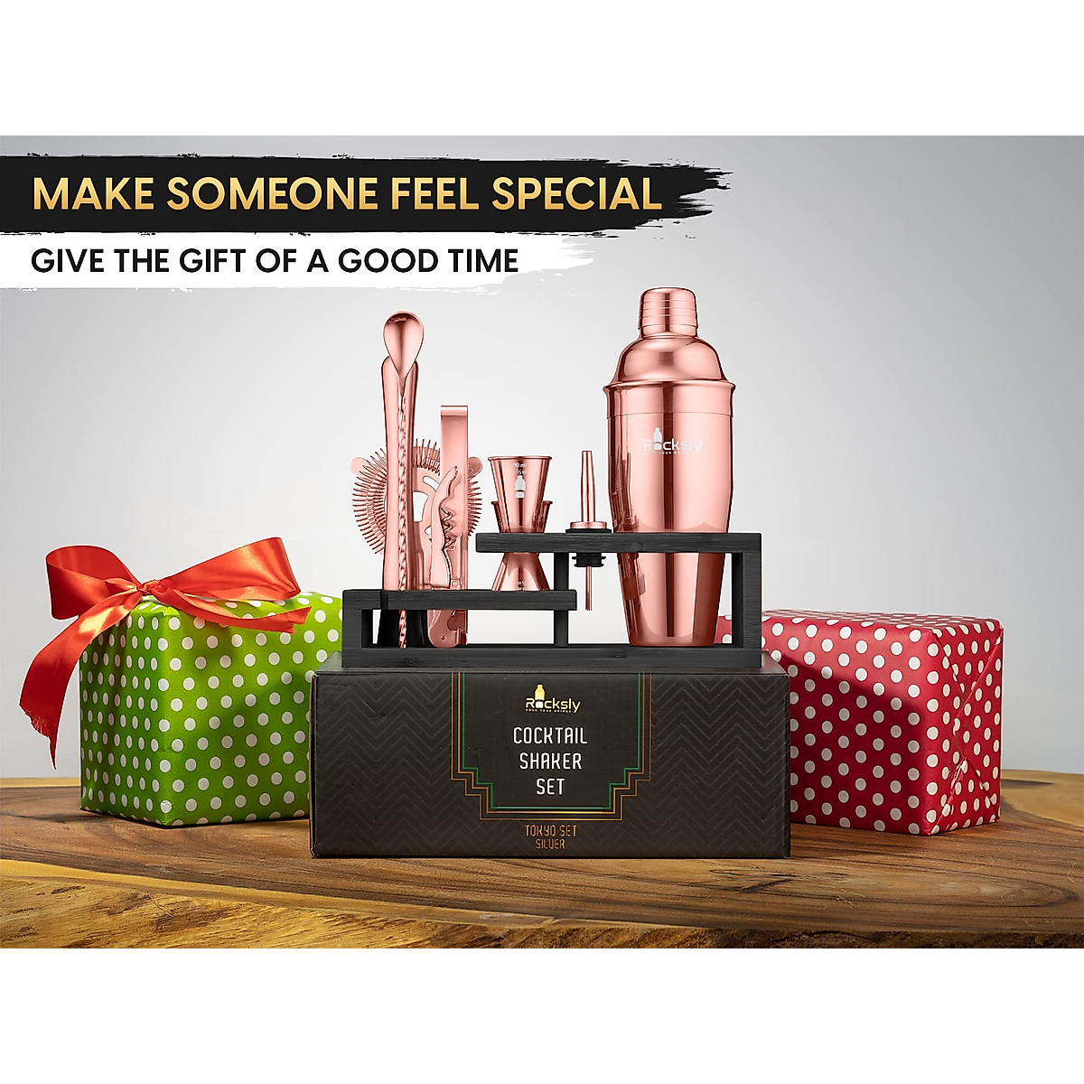 ROCKSLY MIXOLOGY BAR Set Premium Bartender Kit, Rectangular Tool Stand, Cocktail Shaker Strainer, Jiggers, Spoon, Tongs, Muddler, Pourers, Opener 10 Pc