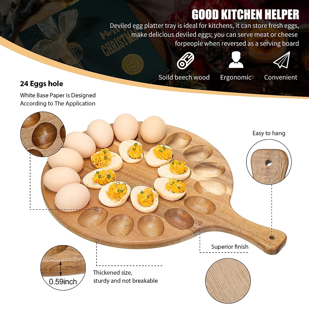 Lounsweer Reversible Wood Deviled Egg Platter and Charcuterie Board Thicken Egg Tray Countertop Refrigerator Chicken Egg Containers for Easter Chrismas Deviled Egg Carrier (Acacia)
