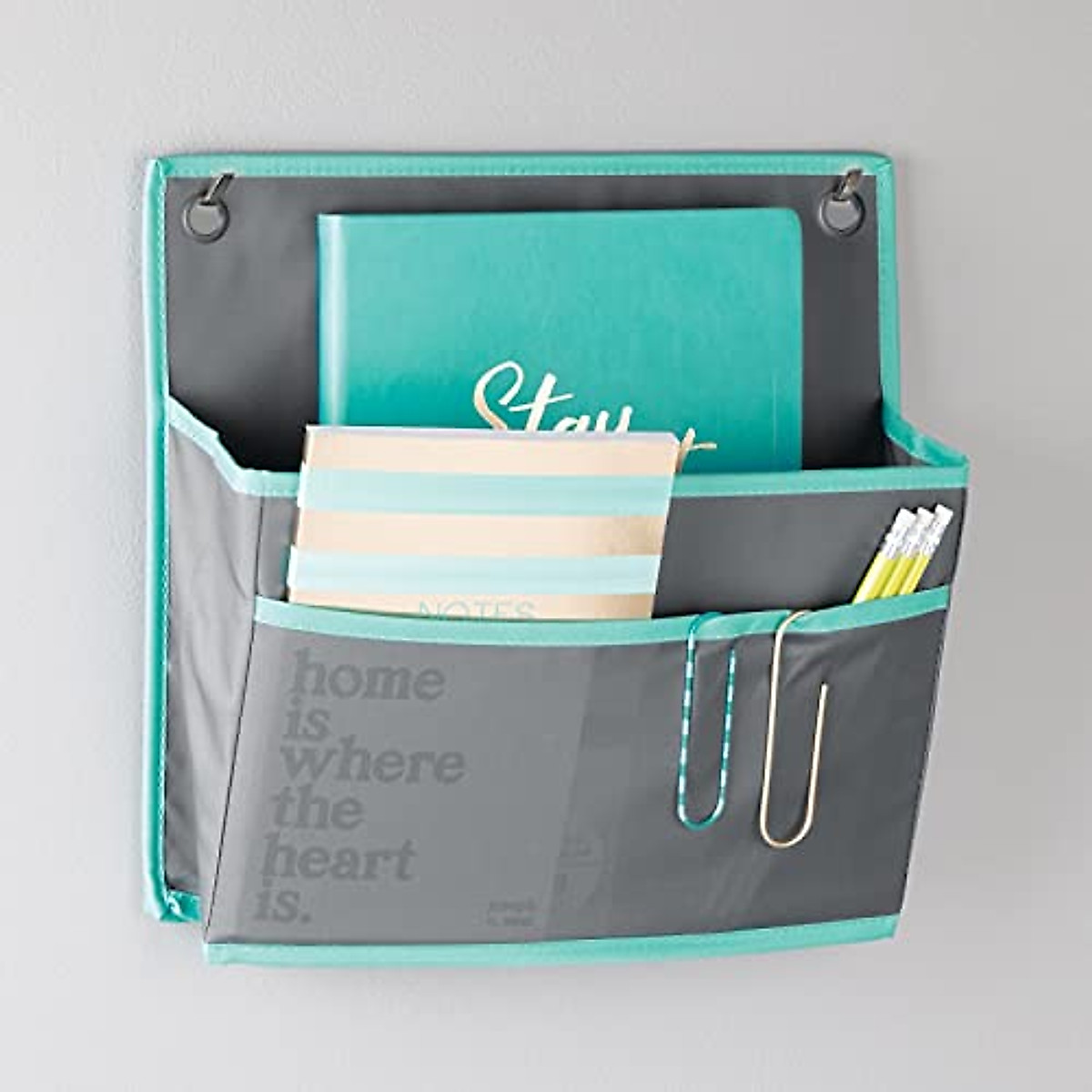 mDesign Soft Fabric Hanging Home Office, Cubicle Storage Organizer, 2 Large Pocket Organization - Holds Office Supplies, File Folder, Planner, Journal - Hang Over Cubicle Wall or Door - Dark Gray/Teal