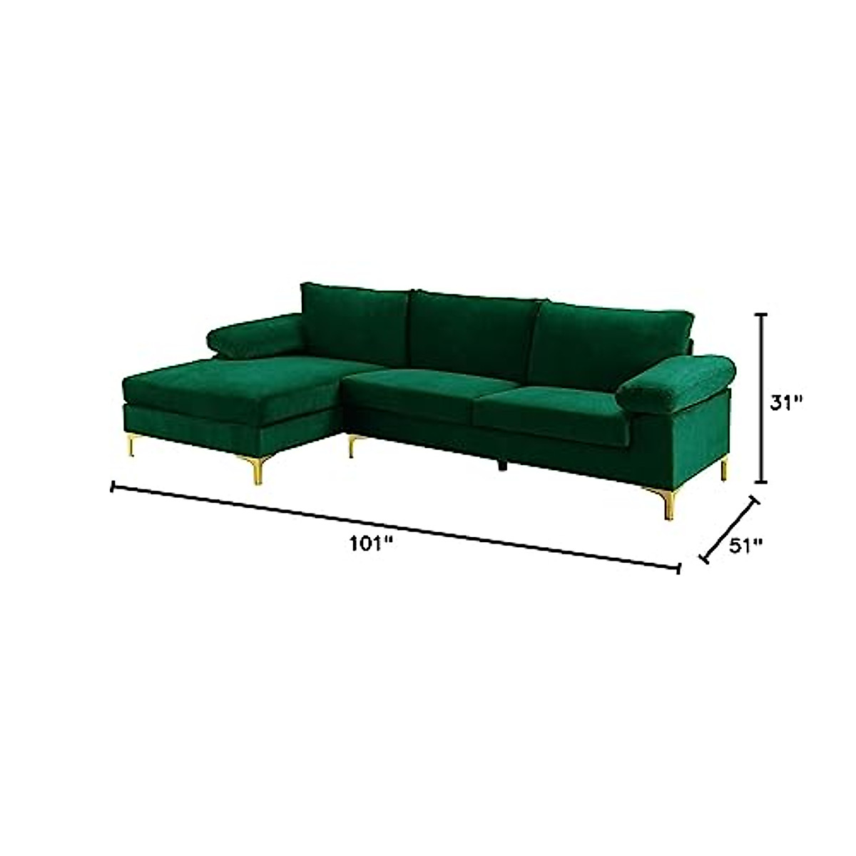 Casa Andrea Milano Modern Sectional Sofa L Shaped Velvet Couch, with Extra Wide Chaise Lounge and Gold Legs, Large, Emerald