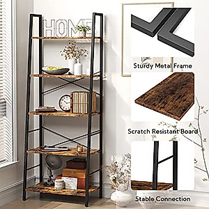 Yusong Bookshelf, Ladder Shelf 5-Tier Bookcase for Bedroom, Industrial Book Shelves Storage Rack with Metal Frame for Home Office, Rustic Brown