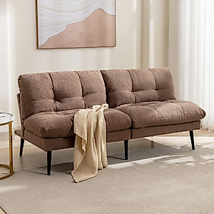 Siiejia Futon Sofa Bed, Convertible Sleeper Futon Couch Loveseat Adjustable Backrest Couch Bed Small Splitback Modern Sofa for Living Room, Bedroom, Office, Apartment, Brown