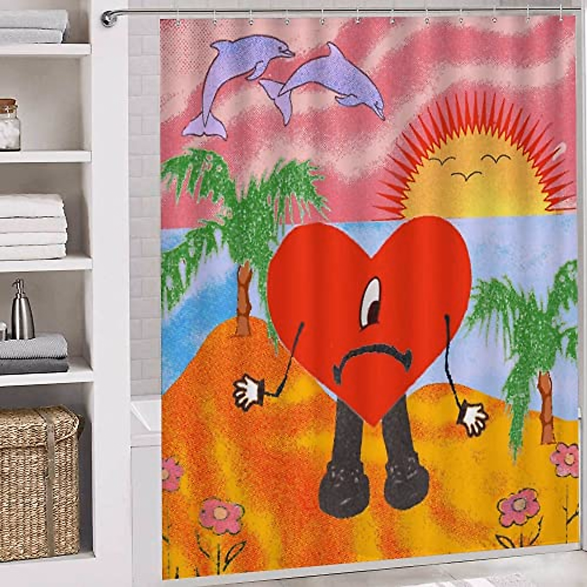 Bad Cute Bunny 4 PC Bathroom Shower Curtain Sets, with Non-Slip Rugs, Toilet Lid Cover and Bath Mat, Durable and Waterproof Bathroom Complete Set Decor Accessory 71" X 71"