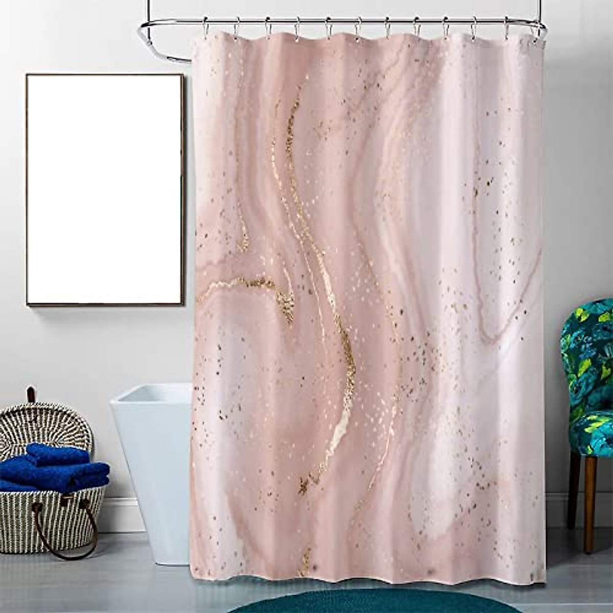Zmcongz Abstract Marble Shower Curtain Set with Rugs for Bathroom Decor Liquid Pink Marble Luxury Gold Foil Waterproof Fabric Cloth Bath Curtain, Non-Slip Bathroom Rugs Bath Mats, 72x72 Inch
