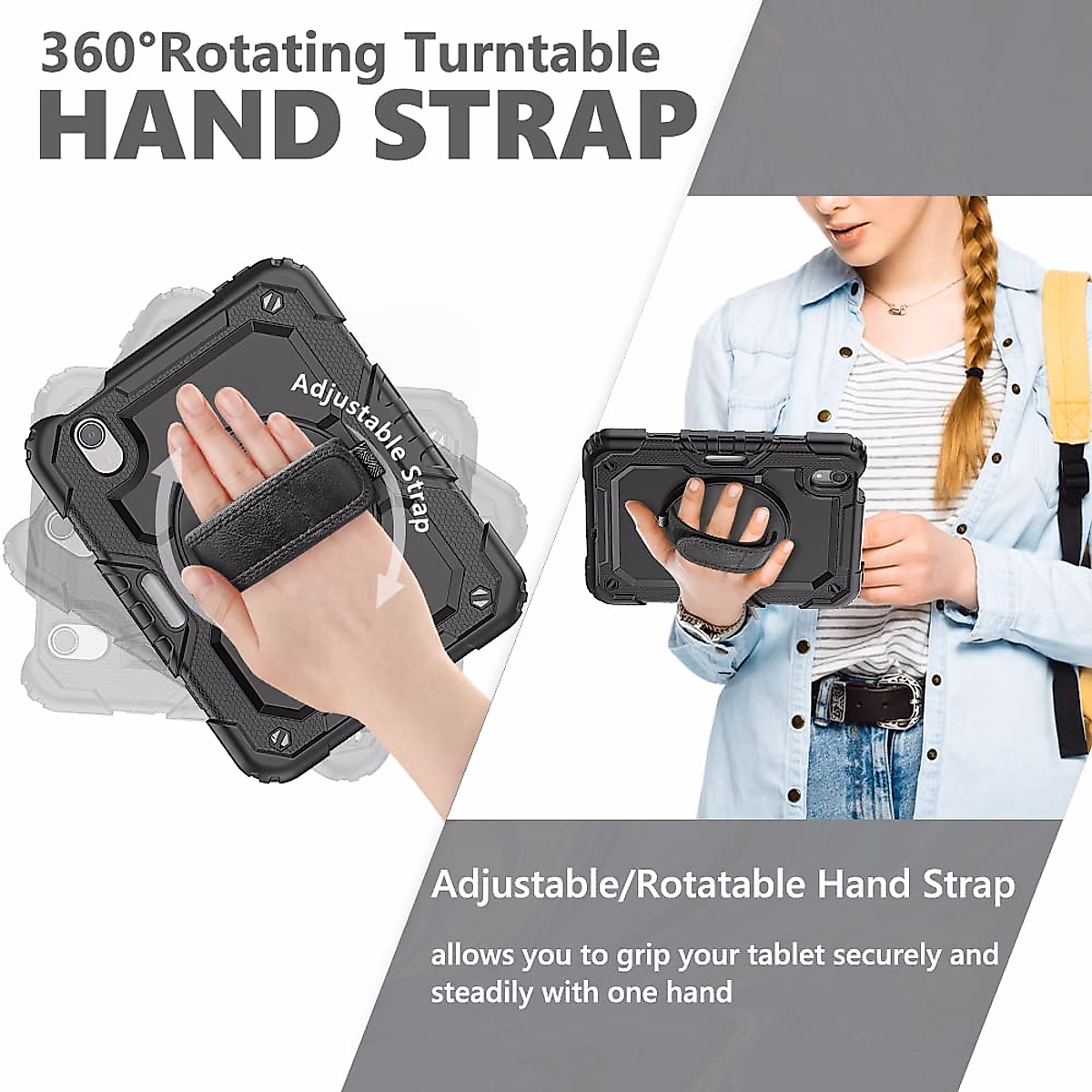 iPad Mini 6 Case 8.3 Inch 2021 with Pencil Holder & Screen Protector for Kids Boys Girls & Business | AVAKOT Protective Shockproof iPad Case for Mini 6th Gen w/Hand Shoulder Strap for Car | Black