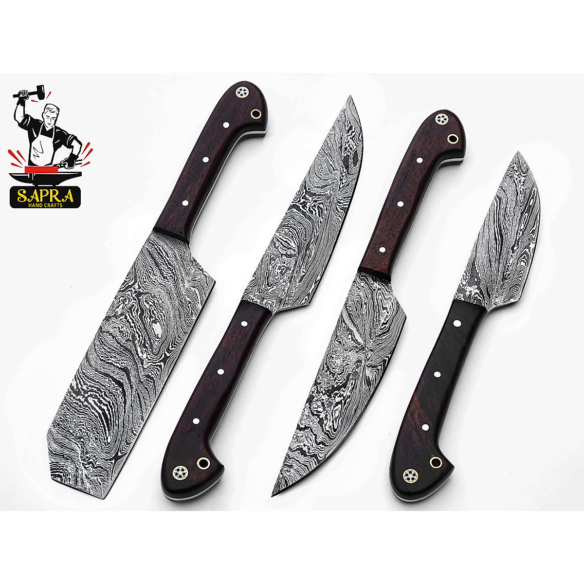 Sapra Hand Forged Custom Made Damascus Steel 4 Pcs Outdoor BBQ Professional Utility knives chef knife set for kitchen with Handmade Leather Roll Bag P-2090-R-KCS