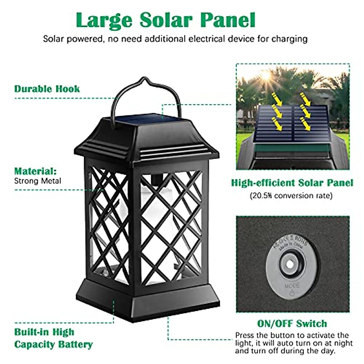 TomCare Solar Lights Outdoor Flickering Flame Metal Solar Lantern Outdoor Hanging Decorative Lanterns Heavy Duty Waterproof Umbrella Decorations Lighting for Patio Garden Deck Yard, 2 Pack (Black)