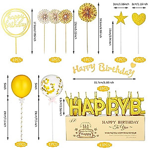 FRIUSATE 30 PCS Birthday Candles Set Gold Confetti Cake Topper Decoration with Happy Birthday Candles Sign Paper Fans Balloon Glitter Star Cupcake Topper for Gold Theme Party Decor