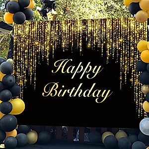 Dienalls 7x5ft Happy Birthday Backdrop for Women Girls Black and Gold Glitter Bokeh Sequin Spots Background for Photography Golden Sparkle Shining Photo Booth Props Party Banner Cake Table Decor