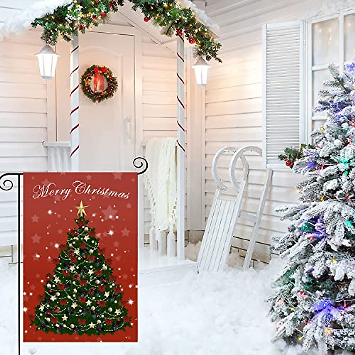 𝑨𝑶𝑫𝑬𝑹𝑻𝑰 Christmas Garden Flags 12x18 Double Sided, Christmas Tree Design Outdoor Christmas Decorations, Burlap Material Winter Garden for Outside