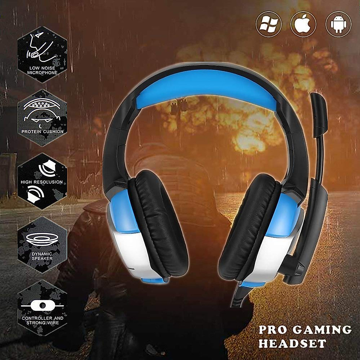 Gaming Headset for PS4 New Xbox one PC Mac Laptop,Onikuma K5 Professional 3.5mm Over Ear Headphones, Stereo USB Headset with LED Light, Noise canceling Mic & Soft Earmuffs for Games by Runying - Blue