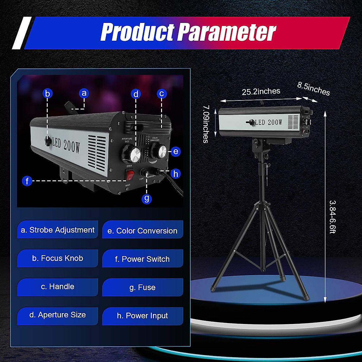 DJ Led Lighting Follow Spot 200W LED Follow Spotlight with Tripod Stand Stage Follow Spot Light Manual Control for Disco Party Clubs Stage Effect
