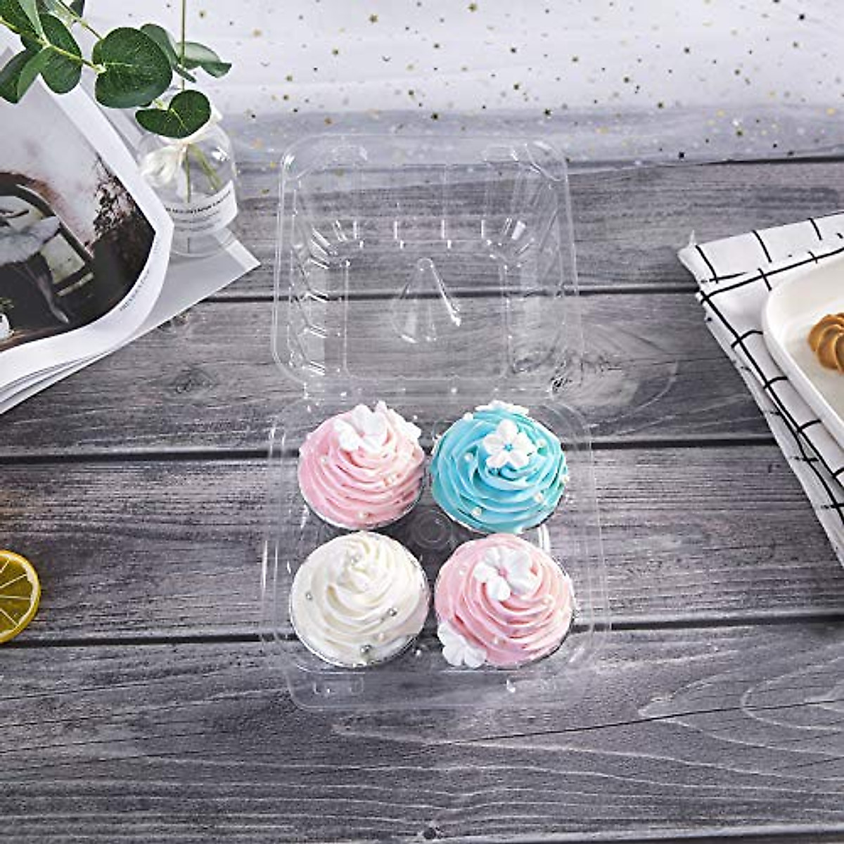 Clear Cupcake Boxes 4 Cavity Holder,ONE MORE Large 4 Compartment Muffin Containers Plastic Cupcake Carrier with Deep Dome 4" High Safe Eco-friendly Material Pack of 15