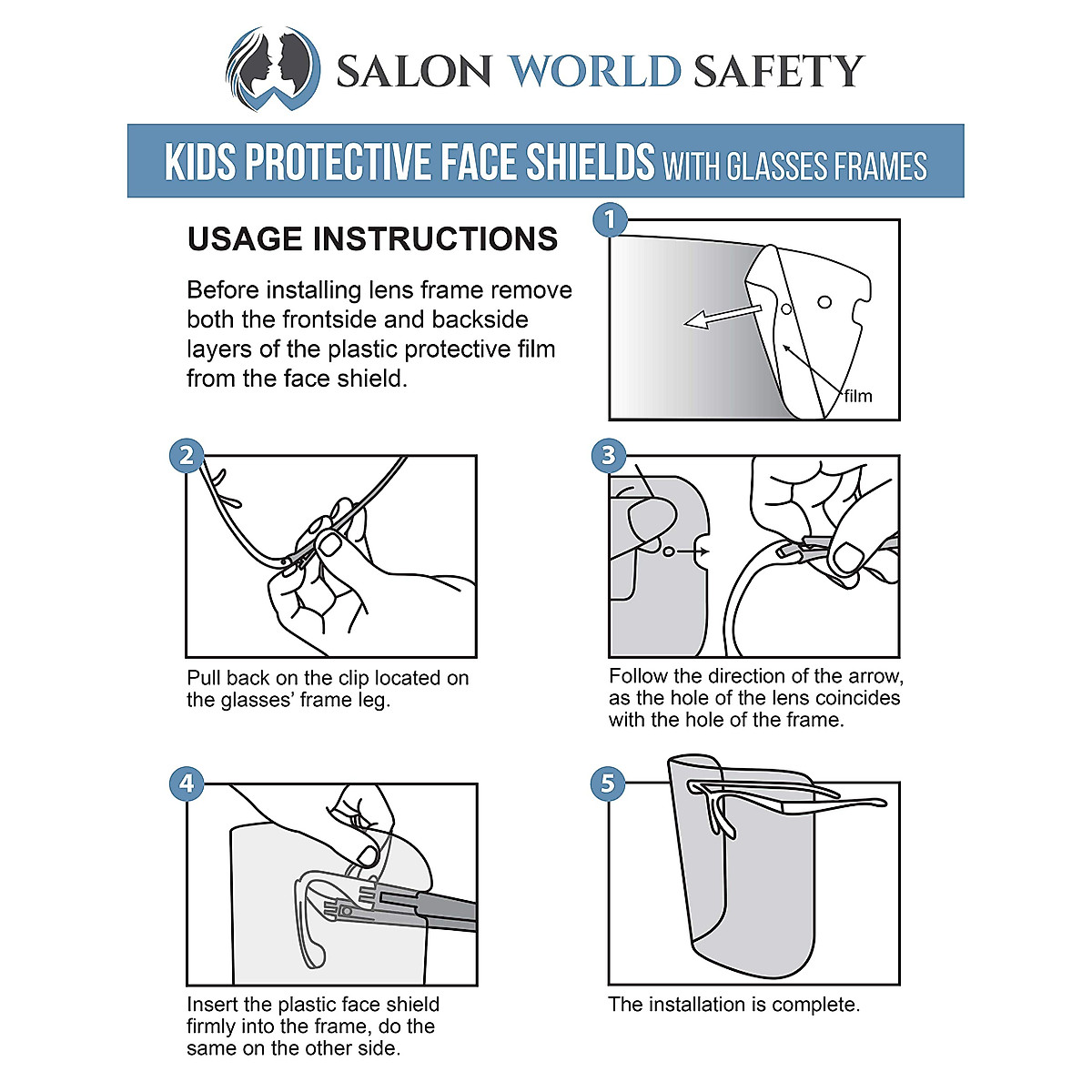 TCP Global Salon World Safety Kids Face Shields with Glasses Frames (Pack of 5) - 5 Colors, 1 Each - Protective Face Shields