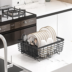 TQVAI Kitchen Dish Drying Rack Metal Dish Drainer with Full-Mesh Silverware Utensils Basket Holder, Black