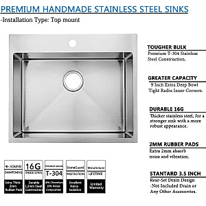 SHACO 25x22 Inch Drop In Kitchen Sink, Top Mount 16 Gauge 304 Stainless Steel 25 Inch Drop In RV Laundry Utility Sink, Brushed Nickel Single Bowl Sink Topmount Overmount Sink with Drain