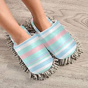 FLildon Microfiber Cleaning Slippers Aqua Pink Stripes Washable Mop Shoes Slipper for Men/Women House Floor Dust Cleaner, Size L