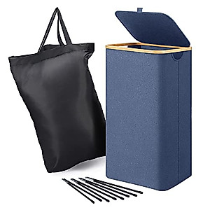 BRIAN & DANY Laundry Basket with Lid, Large Collapsible Laundry Baskets with Bamboo Handles, Laundry Hamper with Removable Bag Liner for Bathroom and Bedroom - Blue