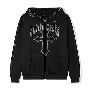 NaranjaBurbuja Y2K Rhinestone Full Zip Up Hoodie Women Man Goth Graphic Oversized Punk Jackets Grunge Sweatshirt Coat Halloween Clothes Harajuku Streetwear (E-Black Cross, M)