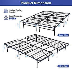 Giantex Folding Bed Frame, Queen/King Size Portable Bed Base for Kids, Teens & Adults, Tool-Free Assembly, No Box Spring Needed, 660 LBS Capacity, Steel Platform Bed