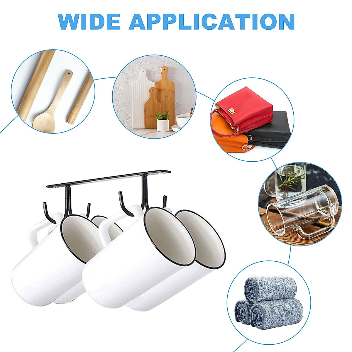 ABuff 6 Pack Cabinet Hook Mug Holder - Hanging Coffee Cup Rack for Kitchen, 24 Hooks Under Cabinets Metal Hangers Organizer Shelf Storage Utensil (Black)