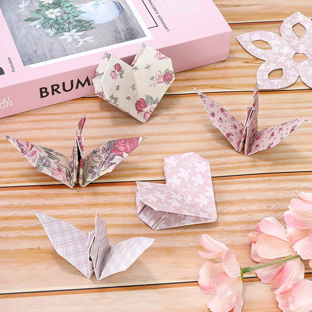 Whaline 12 Designs Spring Pattern Paper Pack 24 Sheet Rose Floral Scrapbook Specialty Paper Pink Double-Sided Collection Decorative Craft Paper for Card Making Scrapbook Photo Album Decor, 30 x 30cm