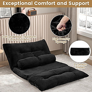 KOMFOTT Foldable Floor Lazy Sofa with 2 Pillows, 6-Position Adjustable Reclining Sofa Sleeper Bed, Convertible Futon Couch Bed, Floor Couch Lounge for Relaxing, Reading, Playing, Gaming (Black)