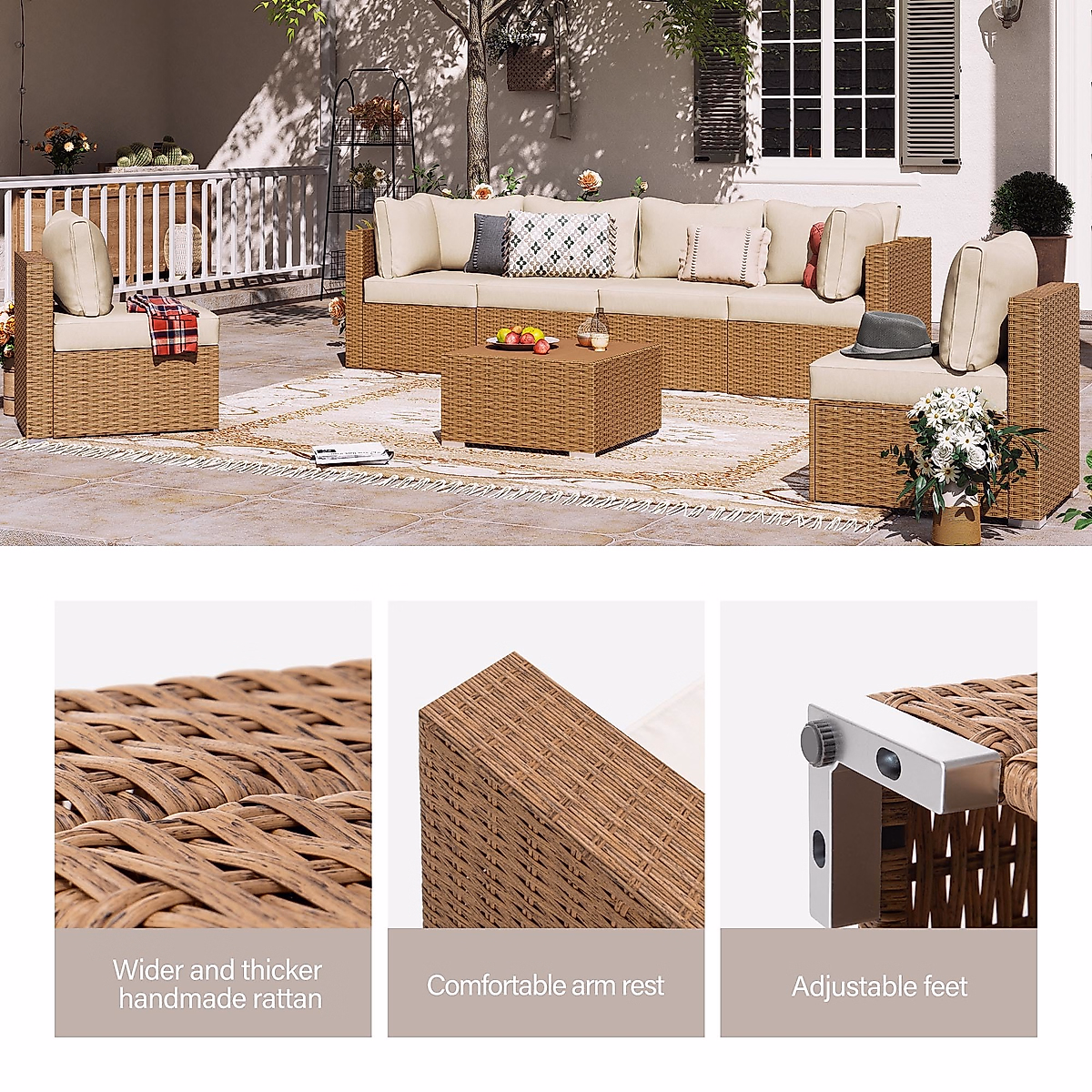 LAUSAINT HOME Outdoor Patio Furniture, 7 Piece Patio Furniture Set PE Rattan Sectional Conversation Sets with Thick Cushions & Wood-Like Coffee Table for Garden, Porch(Beige/Brown Wicker)