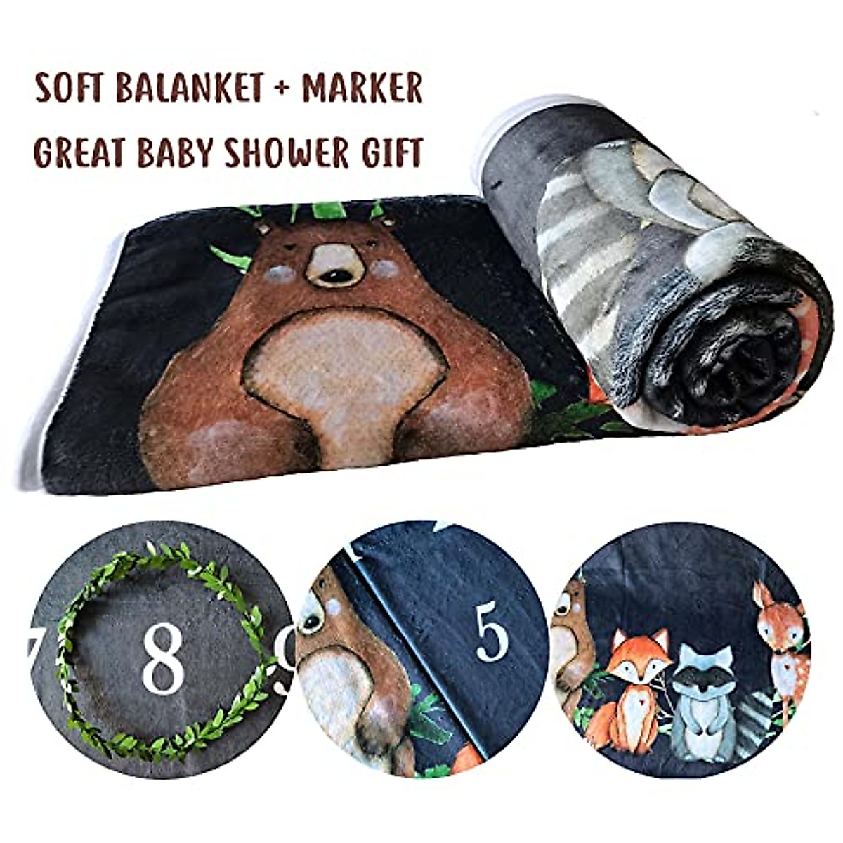 Popfavors Yuzioey Woodland Baby Monthly Milestone, Woodland Greenery Baby Growth Chart Monthly Blanket, Watch Me Grow Baby Forest Nursery Gift for New Moms Baby Shower, Includes Marker (Black, 50x40)