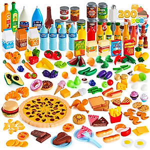 JOYIN 200 Pieces Kids Play Food Toy, Deluxe Pretend Play Set, Kids Kitchen Accessories with Realistic Colors, Toddler Birthday Gift, Party Toys