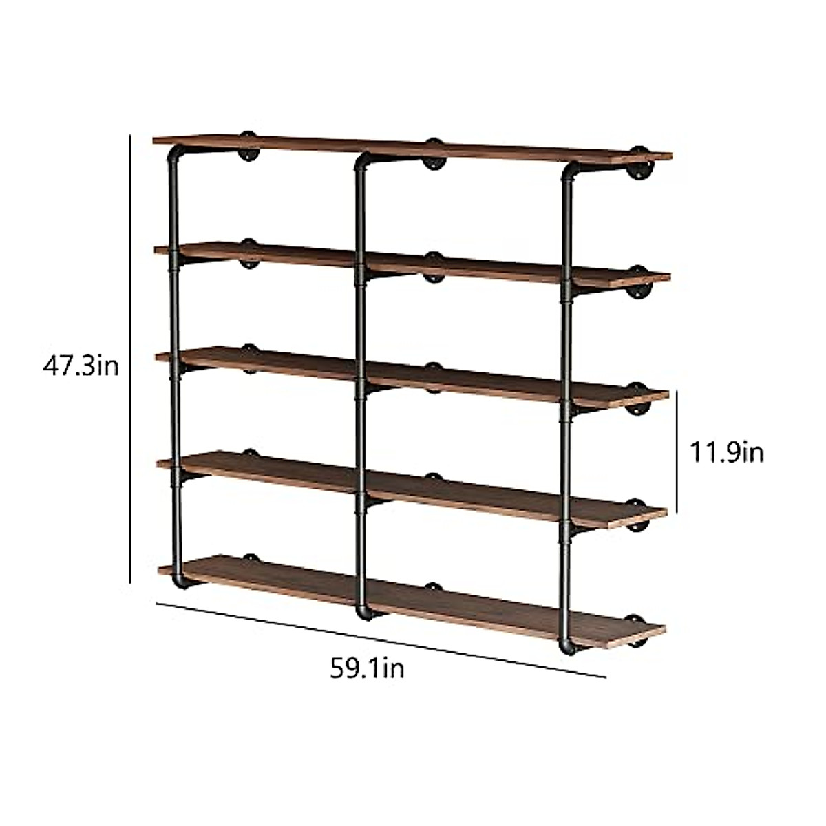 LBSLMJB Industrial Iron Pipe Shelving 5-Story Rustic Black DIY Open Pipe Shelves with Wood Planks Bookshelf, Wall Mount Hanging Steampunk Storage Office Room Kitchen Shelves