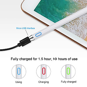 Stylus Pen for Touch Screens Rechargeable 1.5mm Fine Point Active Stylus Pen Smart Pencil Digital Compatible iPad and Most Tablet (White) (White)