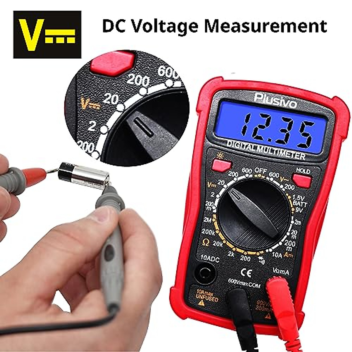 Plusivo Digital Multimeter Tester 2000 Counts AC DC Voltmeter Ohm Volt Amp Multi Meter Measures Voltage, Resistance, Current, Continuity, Tests Battery and Diode with Test Probes for Electricians