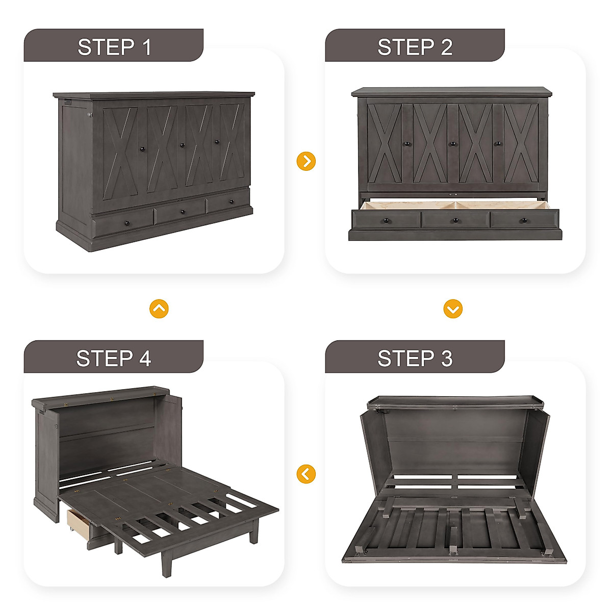 Tdewlye Full Size Murphy Bed, Solid Pine Murphy Bed Chest Cube Cabinet Bed with Charging Station and Large Storage Drawer for Home Office Or Small Room (Gray-j)